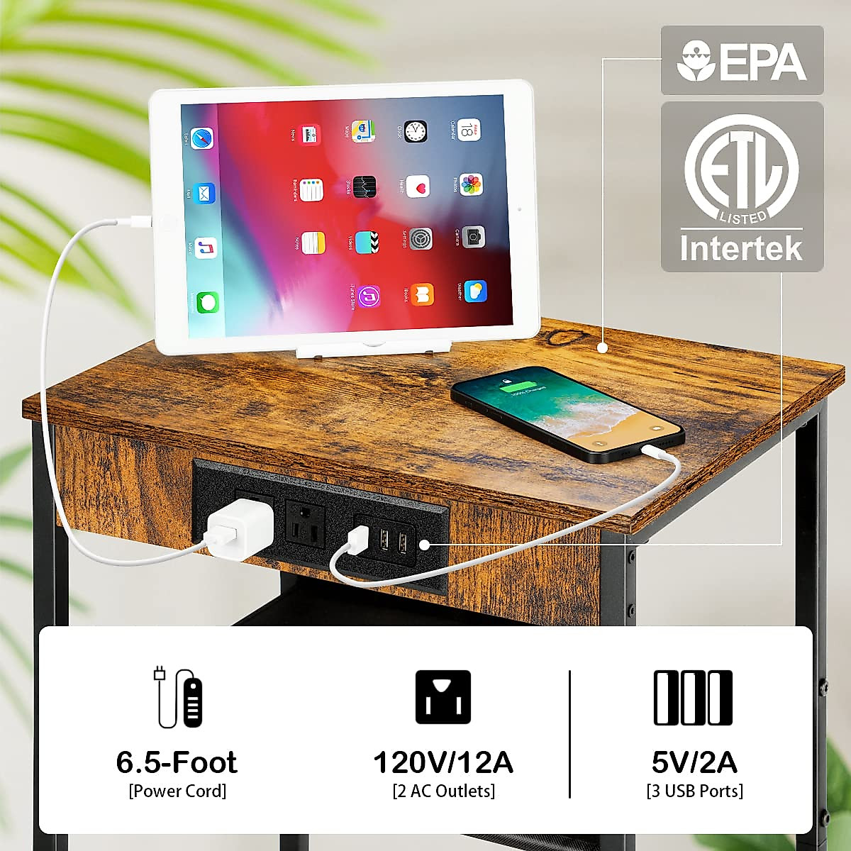 melos Nightstand with Charging Station, 3 Tier End Table with USB Ports & Power Outlets, Narrow Side Table for Small Spaces, Bedside Tables for Bedroom, Living Room, Rustic Brown