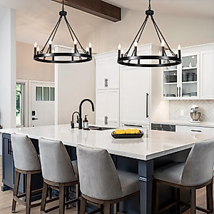 ADSENSTY Black Wagon Wheel Chandelier, 8 Lights Chandelier for Dining Room Light Fixture Round Industrial Pendant Light Fixtures for Living Room Foyer Entryway