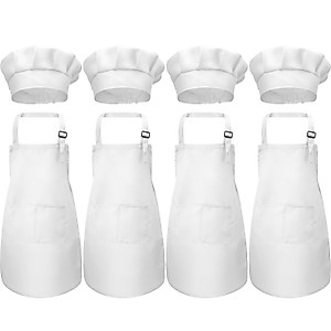 CHENGU 8 Pieces Kids Apron and Chef Hat Set, Boys Girls Adjustable Child Aprons with 2 Pockets Kitchen Bib Aprons for Kitchen Cooking Baking Wear (Medium, White)