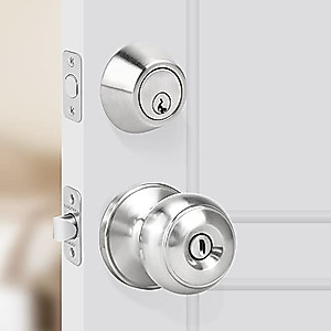 LOQRON Keyless Privacy Door Knob and Single Cylinder Deadbolt Lock Combo Set Security for Front Door Bedroom/Bathroom Satin Nickel Finish
