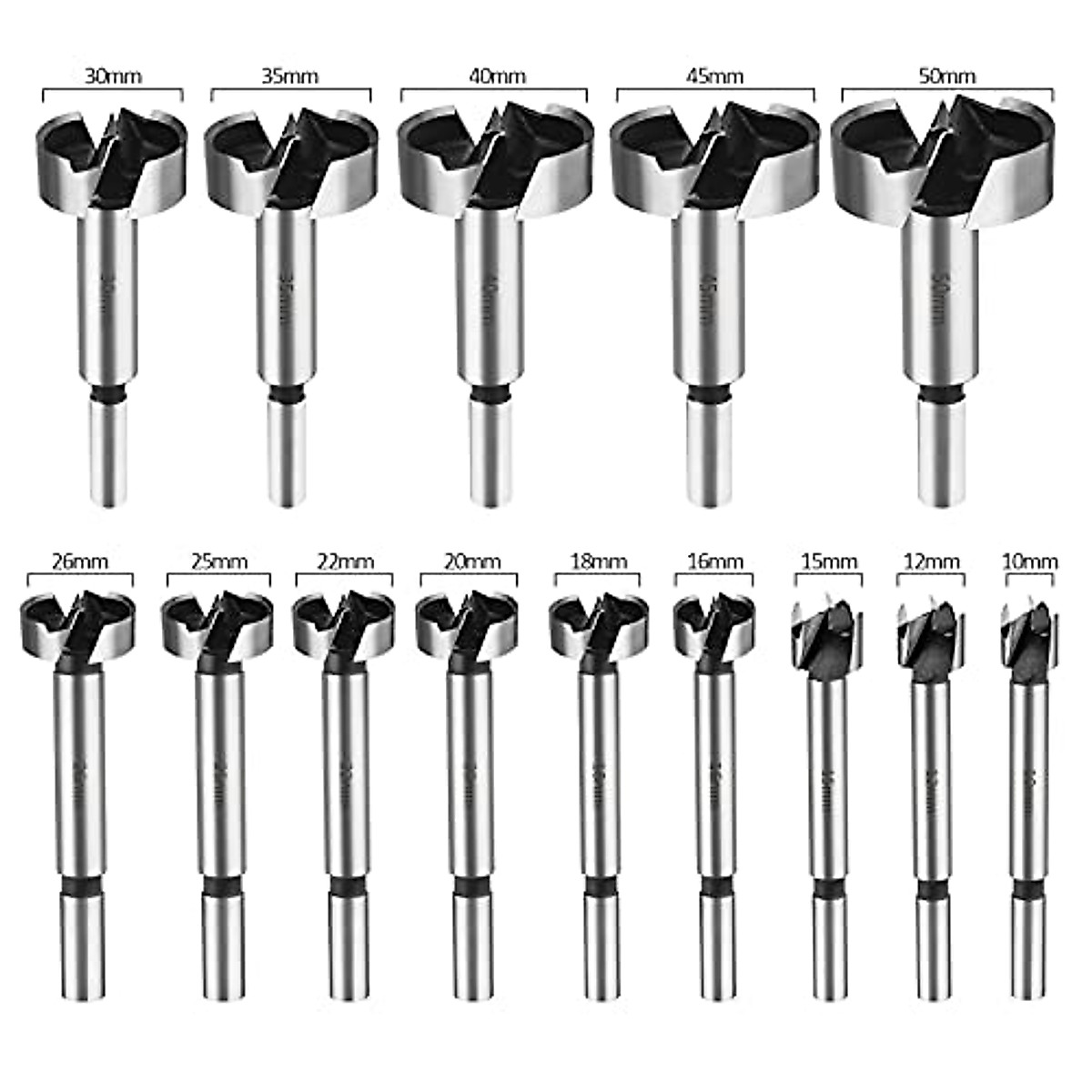 HPHOPE Forstner Bit Set 15Pcs, Forstner Bits for Wood, Wood Drilling with Round Shank, Drill Accessories, Ø10-50mm with Storage Case
