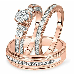 Palaksh Jewelry Round Cut White Diamond In 925 Sterling Silver 14K Rose Gold Over Diamond Bridal Engagement Trio Ring Set for Him & Her