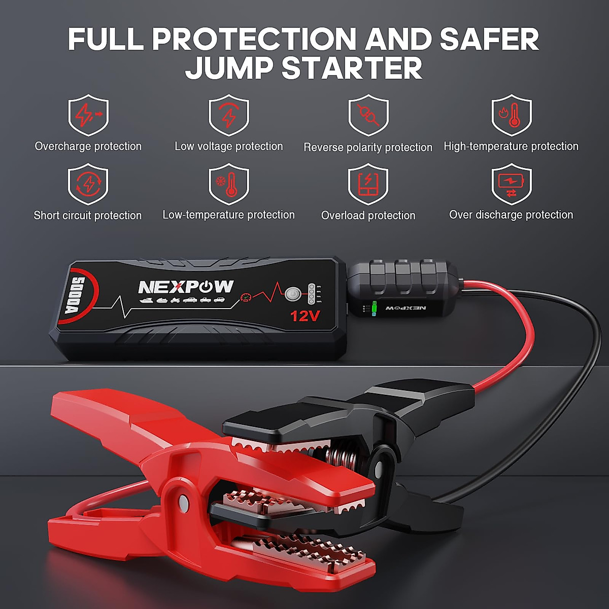 NEXPOW Car Jump Starter,Car Battery Jump Starter Pack 5000A Peak Q12 for All Gas and Up to10.0L Diesel Engine 12V Auto Battery Booster,Jumper Cables,Portable Lithium Jump Box with LED Light/USB QC3.0