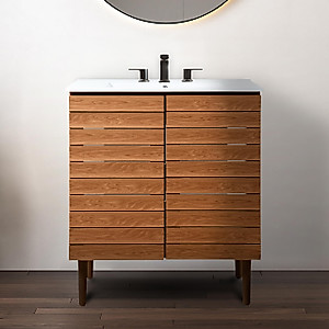 JONATHAN Y VAN1002B Aubert 30 in. W x 18 in. D x 33 in. H Thick Linear Slat Modern Farmhouse 2-Shelf Bath Vanity Cabinet Only (Sink Basin not Included), Walnut