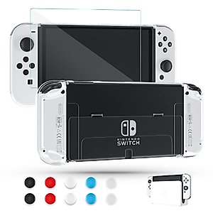 FUNDIARY Dockable Clear Case for Nintendo Switch OLED Model 2021 Skin, Accessories Cover for Switch OLED Console & Joycon with Screen Protector and 10 Pcs Thumb Caps - Full Protection by Flip Shell