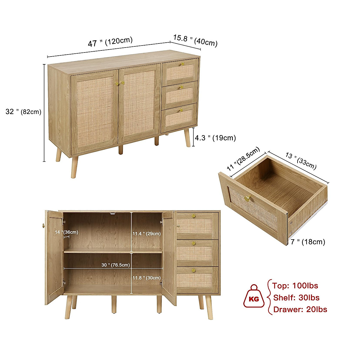 Anmytek Rattan Sideboard Buffet Cabinet with 2 Doors and 3 Drawers, Buffet Cabinet with Storage Wood Credenza Storage Cabinet for Living Room Dining Room Hallway Kitchen, Natural Oak H0088