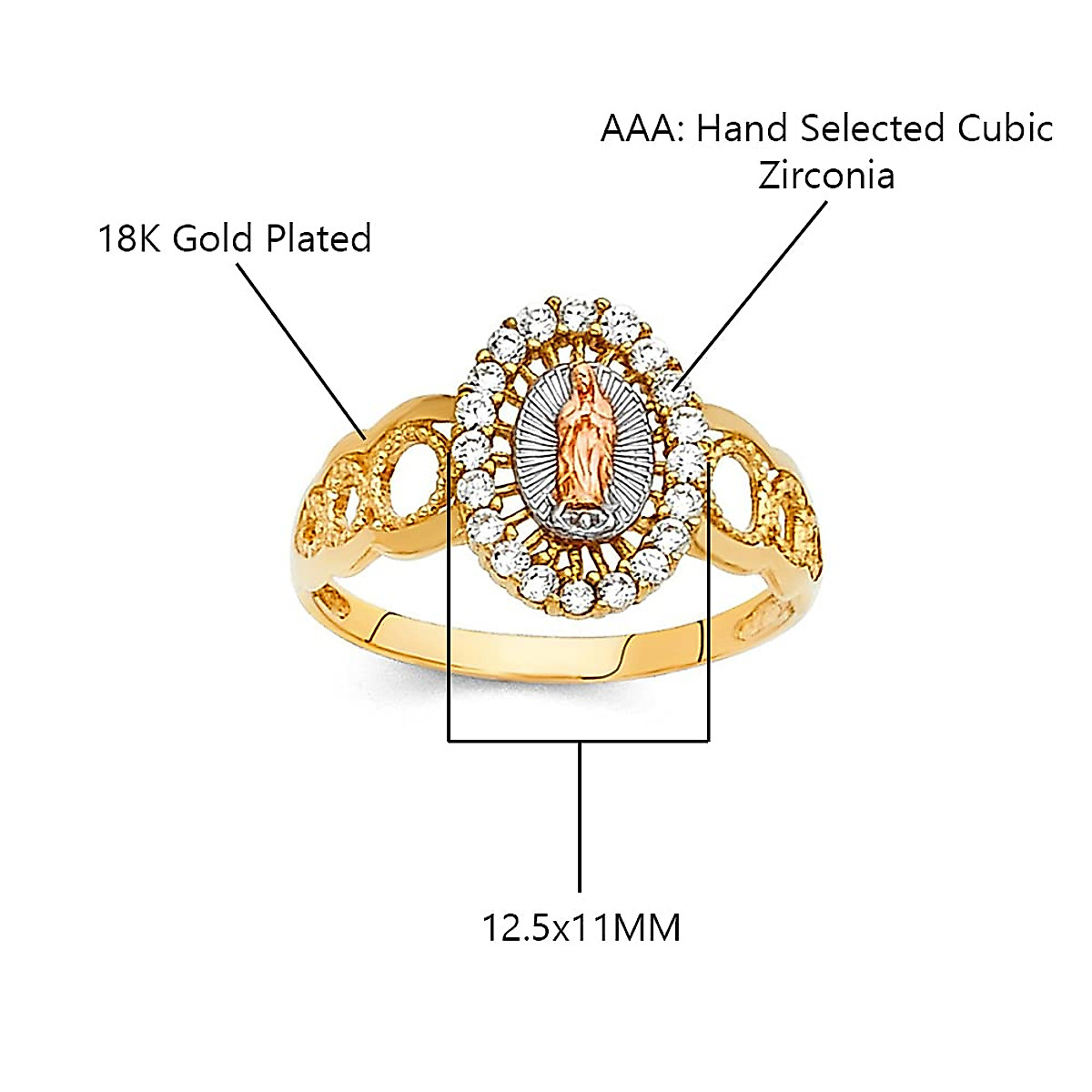 Savlano 18K Gold Plated Yellow White & Rose Tri Color Lady of Guadalupe Virgin Mary with Round Cut Cubic Zirconia Women Religious Ring (8)