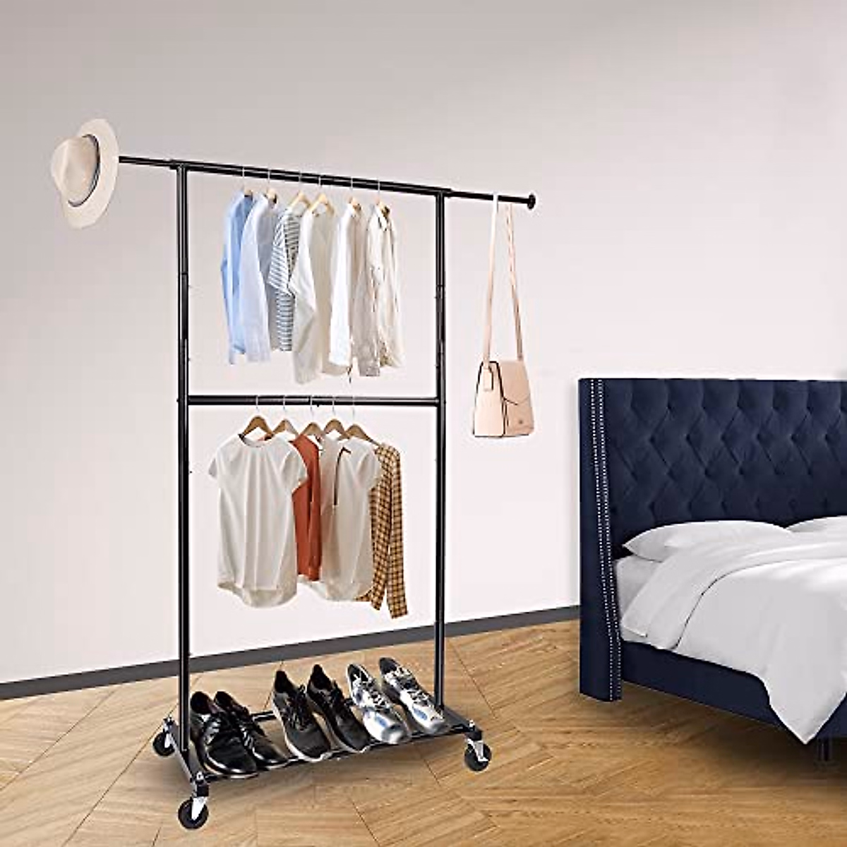 Fishat Simple Standard Double Rod Rolling Clothing Garment Rack for Hanging Clothes, Metal Clothes Organizer with Lockable Wheels (Black)