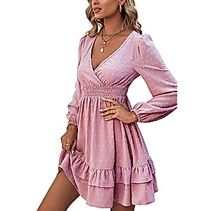 Rooscier Women's Wrap V Neck Swing Ruffle Swiss Dots Long Sleeve Mini Dress Solid Pink Medium