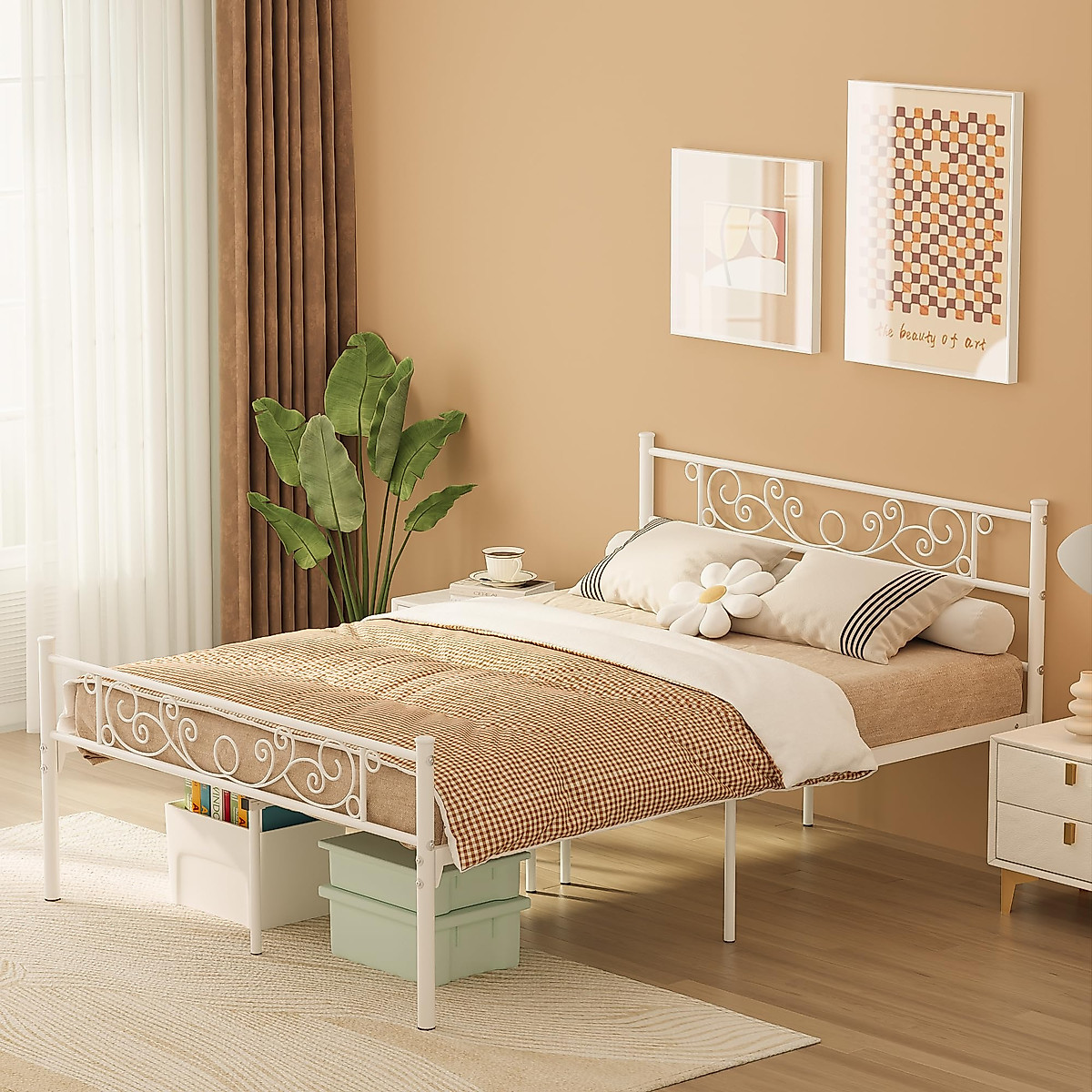 Elephance Full Size Bed Frame with Headboard and Footboard, Metal Platform Bed Frame with 14 Inch Storage Space No Box Spring Needed Easy Assembly for Adult White