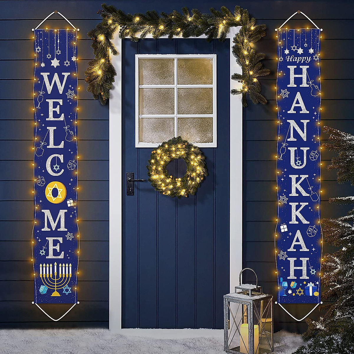 Hanukkah Door Decoration Banner with String Light, 72''x12'' Hanukkah Front Door Porch Sign Welcome and Happy Hanukkah Chanukah Home Decorations Party Supplies (NO BATTERY)