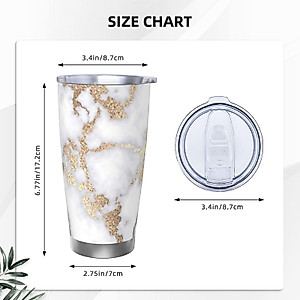 Modern Chic White Gold Foil Marble 20oz Tumbler Stainless Steel Vacuum Insulated Coffee Travel Mug Durable Insulated Coffee Travel Mug with Splash-Proof Lid Metal Straw and Brush Thermal Cup Outdoor
