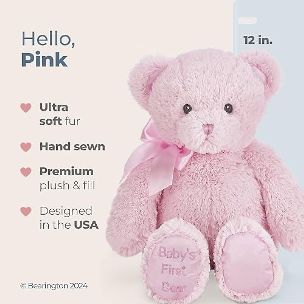 Bearington Pink Teddy Bear Plush, 12 Inch Stuffed Animal for Girls