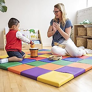 ECR4Kids SoftZone Patchwork Activity Mat and Toddler Blocks, Beginner Playset, Assorted, 13-Piece