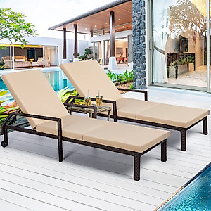 AECOJOY Outdoor Lounge Chairs Set of 2, Outdoor Chaise Lounge with Thickened Cushion and Adjustable Backrest for Poolside Backyard Deck Porch Garden, Brown Rattan with Beige Cushion