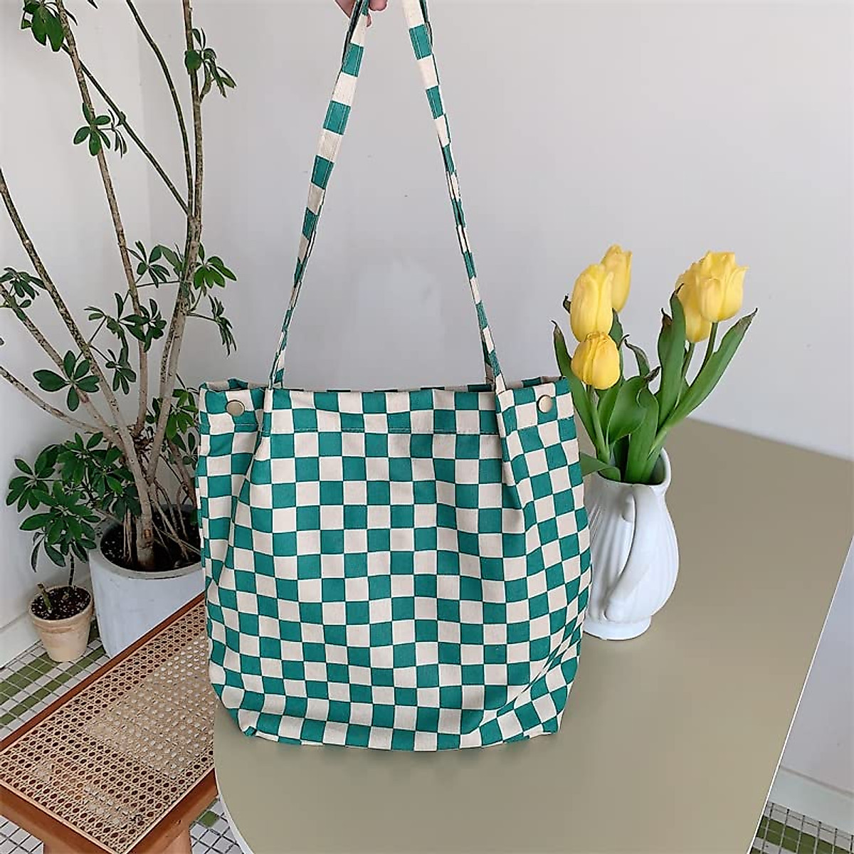 PAZIMIIK Corduroy Tote Bags for Women Reusable Grocery Shopping Shoulder Go-to Everyday Bag with Canvas Lining for Work Travel,Checkered Green