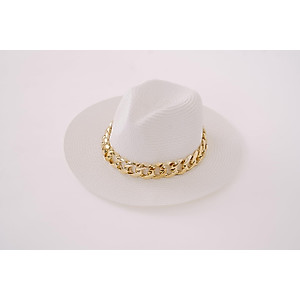 SOLEORO Chic Wide Brim Panama Fedora Straw Sun Hat with Gold Chain for Women Pool Beach Vacation Bachelorette