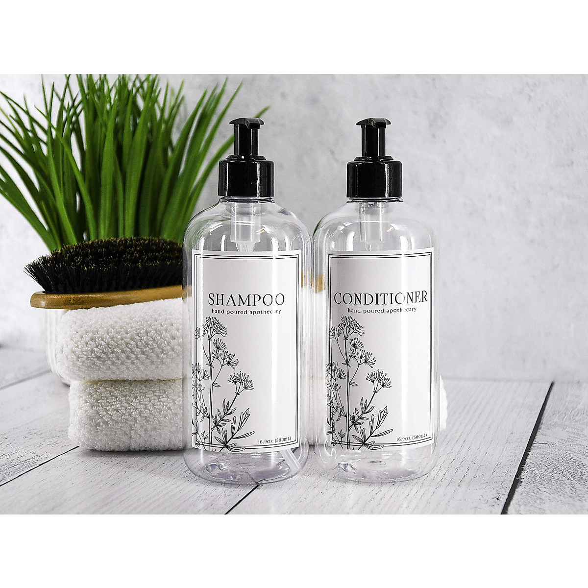 Modern Refillable Shampoo and Conditioner Dispensers by AylaMae | 500ml / 16.9oz PET Plastic Bottles (Clear with Printed Labels)