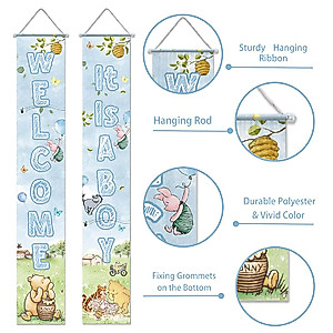 Classic Winnie Porch Sign for Boys Baby Shower Party the Winnie Bear Themed Yard Banner Blue Winnie Bear Party Decorations Polyester Welcome Door Hanging Decor Windproof Party Supplies 2PCS 12"X71"