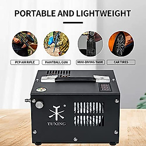TUXING 4500Psi Portable Pcp Air Compressor,Small air compressor Powered by Car 12V or Home 110V AC,8MM Quick-Connector Compatible for pcp air gun with Water/Oil Separator