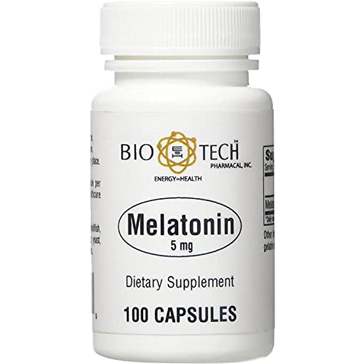 Bio-Tech Pharmacal Melatonin (5 mg), 100 Capsules – All-Natural Supplement – Support Sleep, Cardiovascular, Immune, & Bone Health – No Dairy, Fish, Gluten, Peanut, Shellfish, GMOS, & Soy – No