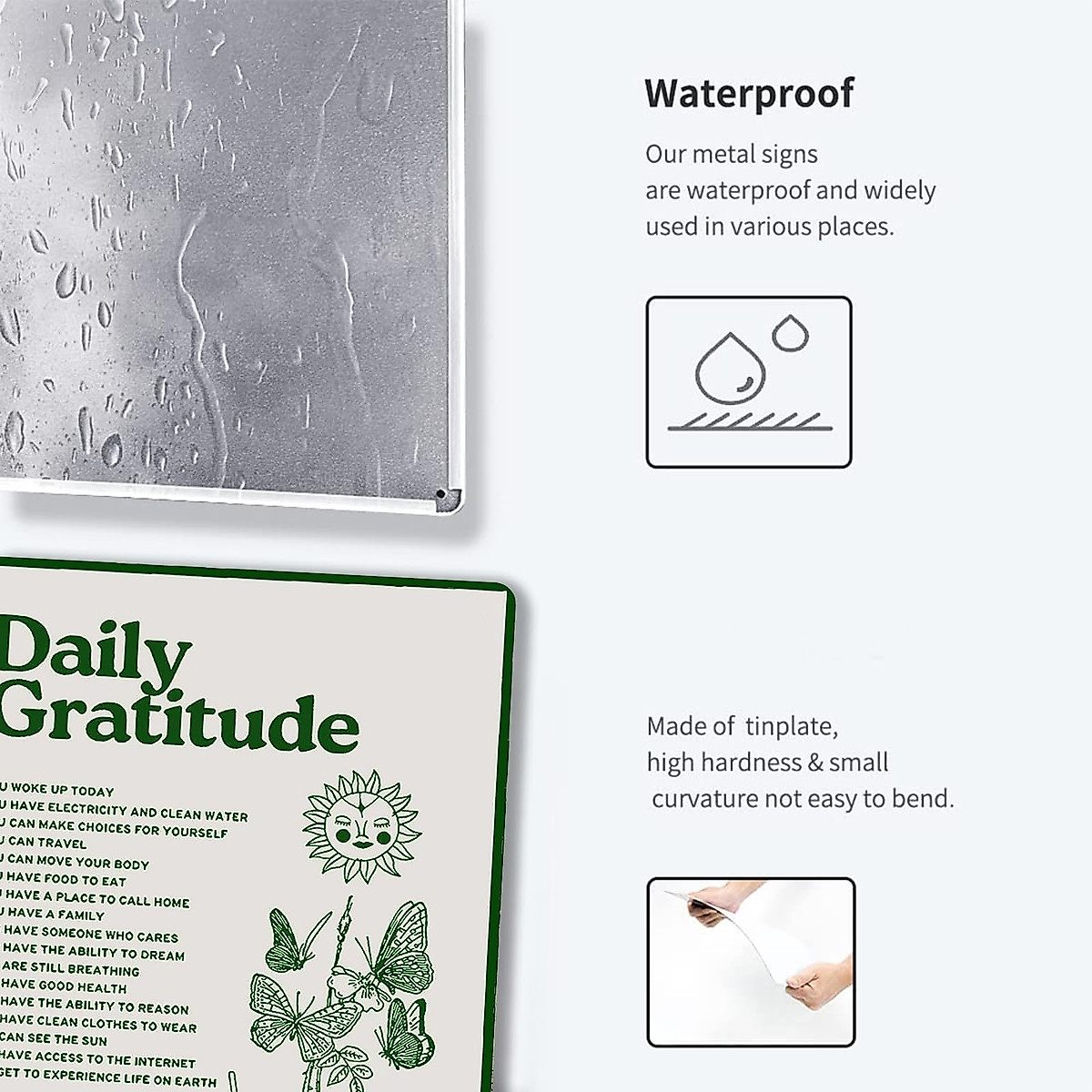 Fmcmly Daily Gratitude Inspirational Metal Tin Sign Green Boho Room Aesthetic Decoration Home Kitchen Office Bedroom Cafes Wall Decor 8x12 Inch