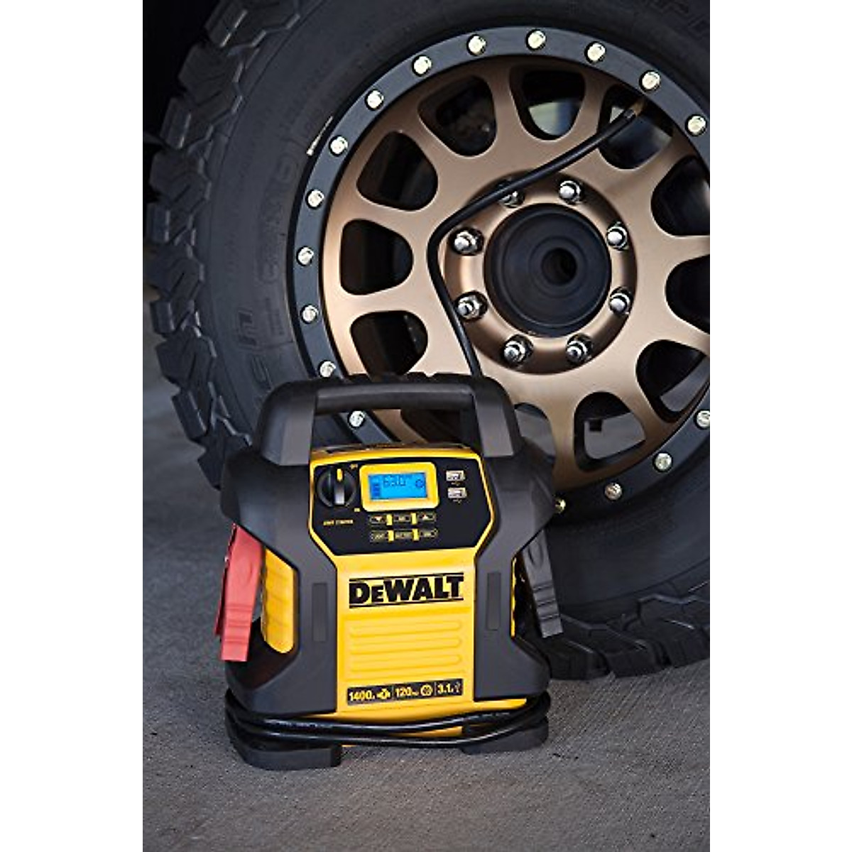 DEWALT DXAEJ14 Digital Portable Power Station Jump Starter: 1400 Peak/700 Instant Amps, 120 PSI Digital Air Compressor, 3.1A USB Ports, Battery Clamps , Yellow