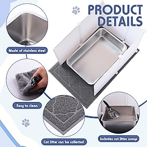 Tioncy 2 Set Stainless Steel Cats Litter Box Extra Large Metal with 2 Scoop, 12 Splash Guard and 2 Mat, Never Absorbs Odor, Easy Clean, 23.6 x 15.7 x 5.9 Inches