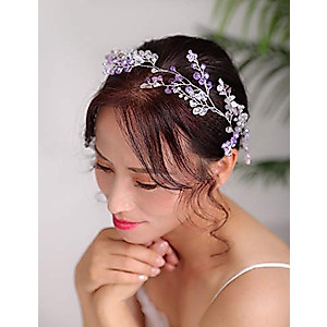 Denifery Purple Bridal Wedding Hair Vine Purple Natural Stone Hair Vine Crystal Headpieces Bride Hair Accessories for Women and Girls