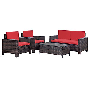 Homall 4 Pieces Outdoor Patio Furniture Sets Rattan Chair Wicker Conversation Sofa Set, Outdoor Indoor Backyard Porch Garden Poolside Balcony Use Furniture (Red)
