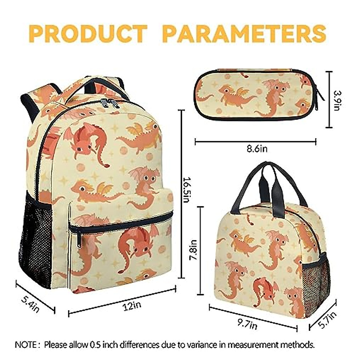 Dragon Backpack with Lunch Box, Set of 3 School Backpacks Matching Combo, Cute Bookbag And Pencil Case Bundle