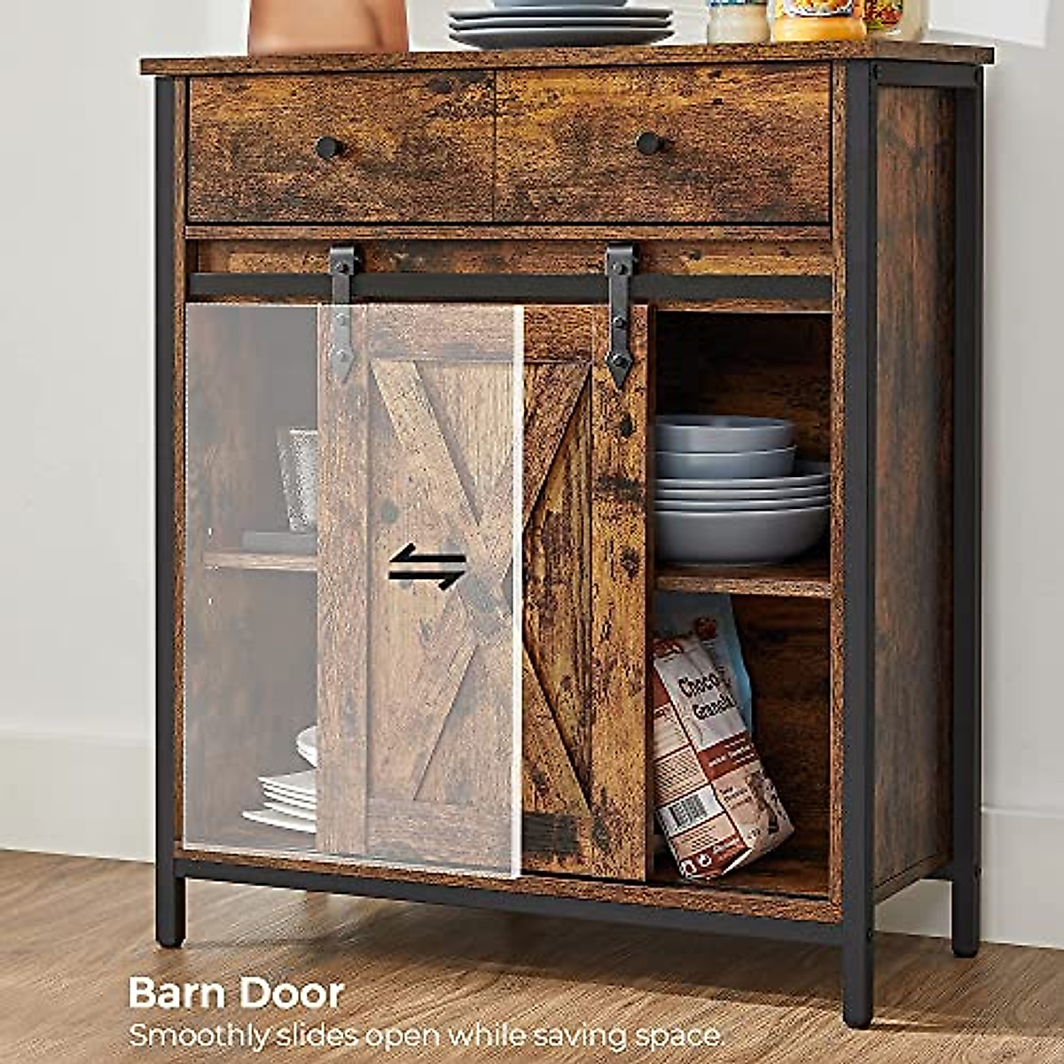 VASAGLE Buffet Cabinet, Floor Sideboard Cupboard Storage Organizer with 1 Drawer and Sliding Barn Door for Living Room Bathroom Hallway