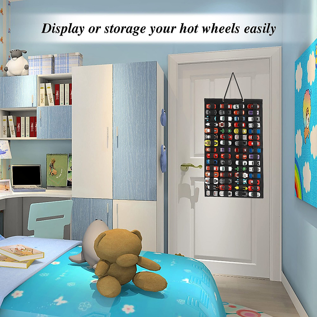 JOYMOMO Hanging Storage Organizer for Toy Cars Felt Display Case Hold Up 60 Toy Cars (Without Accessories)(Black)