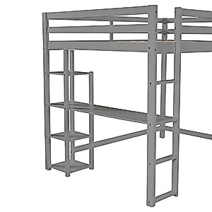 GLORHOME Full Size Wood High Loft Bed with Built in Side Desk, Shelves and Safety Guard Rails, Space Saving Bedroom Furniture for Kids Teens Adults, Grey