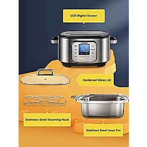 Slow Cooker, HOUSNAT 10 in 1 Programmable Cooker, 6Qt Stainless Steel, Rice Cooker, Yogurt Maker, Delay Start, Steaming Rack and Glass Lid, Adjustable Temp&Time for Slow Cook with Digital Timer