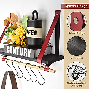 AccEncyc Set of 2 Wall Mounted Shelves Wood Floating Shelves with PU Leather Straps Multifunctional Wood Storage Shelves for Kitchen, Living Room, Bedroom, Study