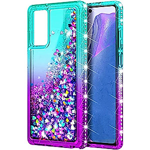 NZND Case for Samsung Galaxy A02S with Tempered Glass Screen Protector (Full Coverage), Sparkle Glitter Flowing Liquid Shiny Bling Diamond, Women Girls Cute Phone Case (Aqua/Purple)