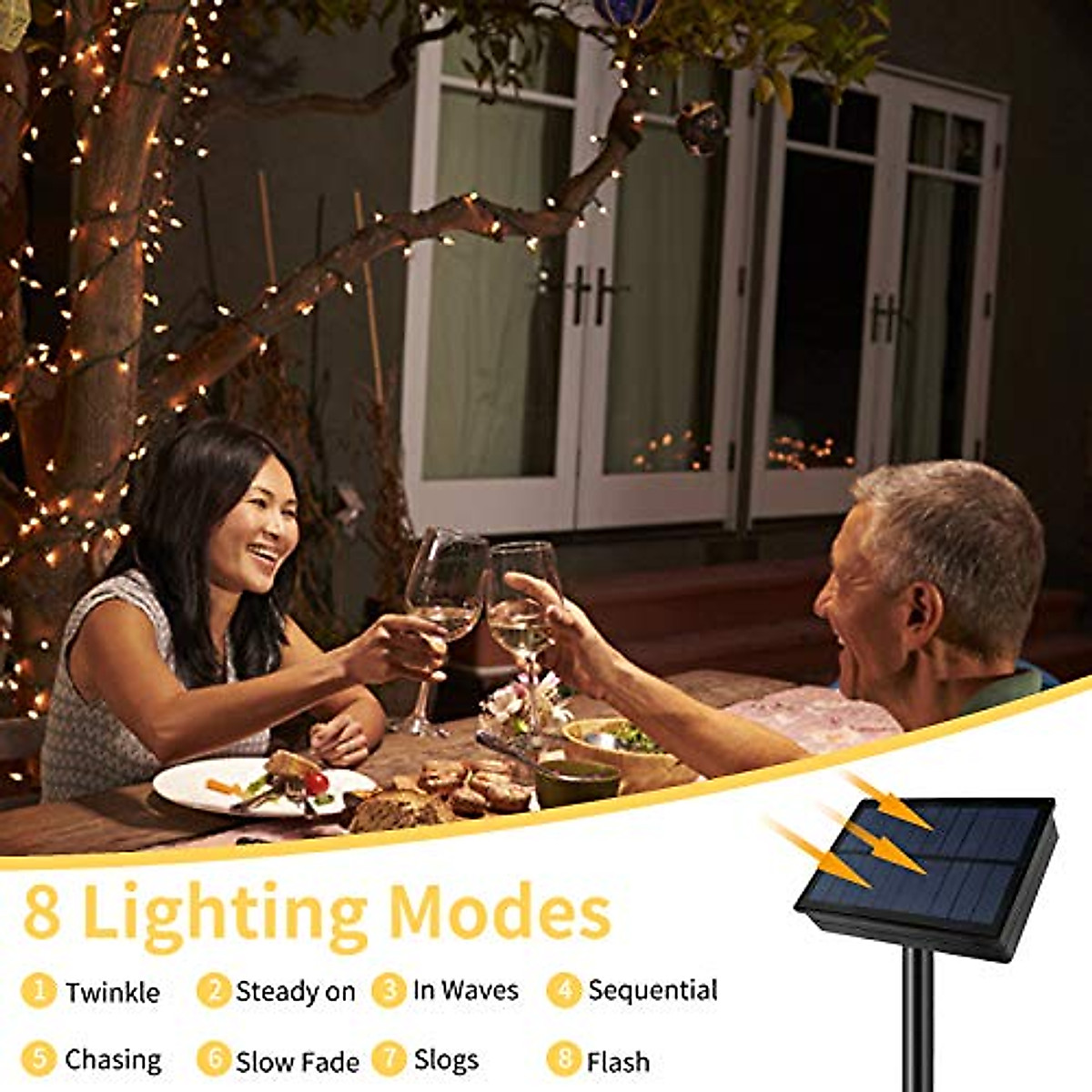 MZD8391 300LED Outdoor Solar String Lights with 8 Lighting Modes, 105 Feet Waterproof Solar Powered Lights for Indoor Outdoor Christmas Patio Garden Yard Wedding Party Tent Tree Decor, Warm White