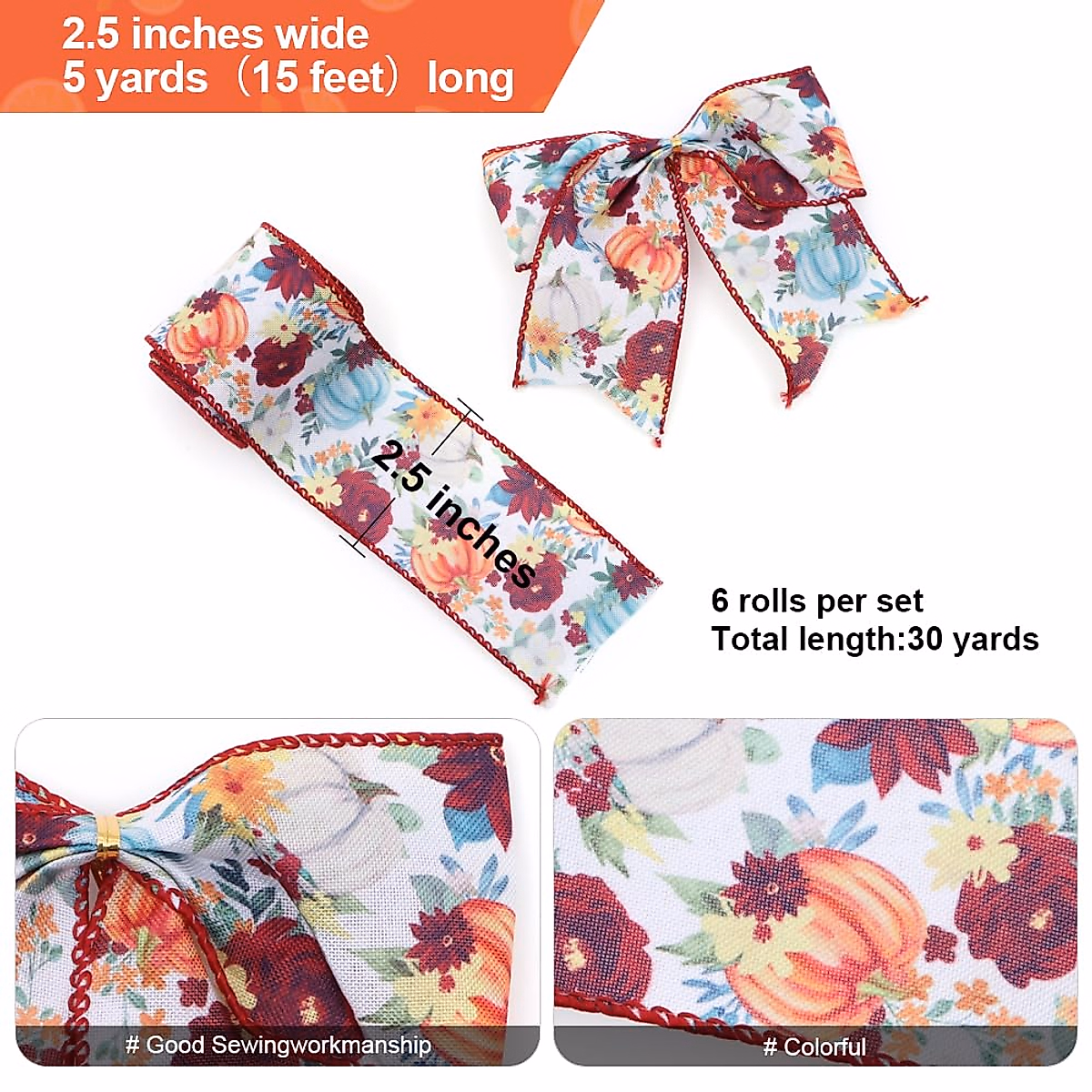 1.5" and 2.5'' Burgundy Fall Pumpkin Maple/Oak Leaf Wired Ribbon for Autumn and Thanksgiving Holiday 6 Rolls Total 30 Yards in Length (Fall Pumpkin)