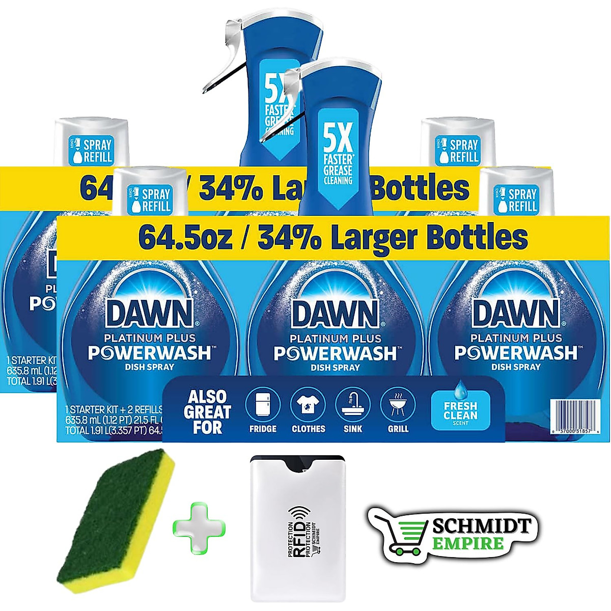Dawn Platinum Powerwash, Fresh Scent, 1 Starter Kit + 2 Refills + Cleaning Sponge + 1 Card Protector SchmiidtEmpire + Sticker (16oz each - 6 Piece Set - Pack of 2)