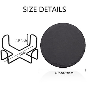 4 PCS Round Slate Drink Coasters Set, SIJDIEE 4 Inch Black Slate Stone Coasters with Anti-Scratch Bottom and Coaster Holder for Office Bar Kitchen Home Dinner Table Decor Supplies