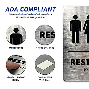 Unisex/Wheelchair Bathroom Sign by GDS - ADA Compliant, Wheelchair Accessible, Raised Icons, & Grade 2 Braille - Includes Adhesive Strips for Easy Installation - 6" W x 8" H (Brushed Aluminum)