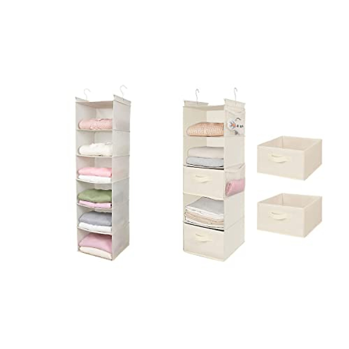 MAX Houser 6 Tier Shelf Hanging Closet Organizer and 5 Tier Shelf Hanging Closet Organizer, Closet Hanging Shelf with 2 Sturdy Hooks for Storage, Foldable,Beige and Beige-D2