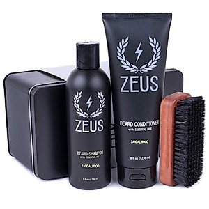 ZEUS Starter Beard Wash & Grooming Kit, Beard Brush & Beard Wash Combo Gift Set for Men (Sandalwood)