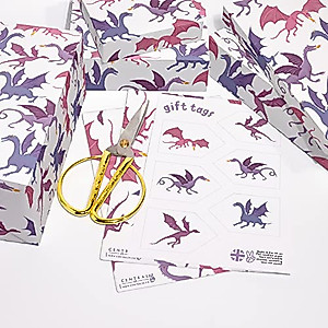 CENTRAL 23 Dragon Wrapping Paper - Boy Birthday Wrapping Paper - 6 Sheets White Gift Wrap Paper - Baby Shower Wrapping Paper Boy - Comes With Fun Stickers - Recyclable