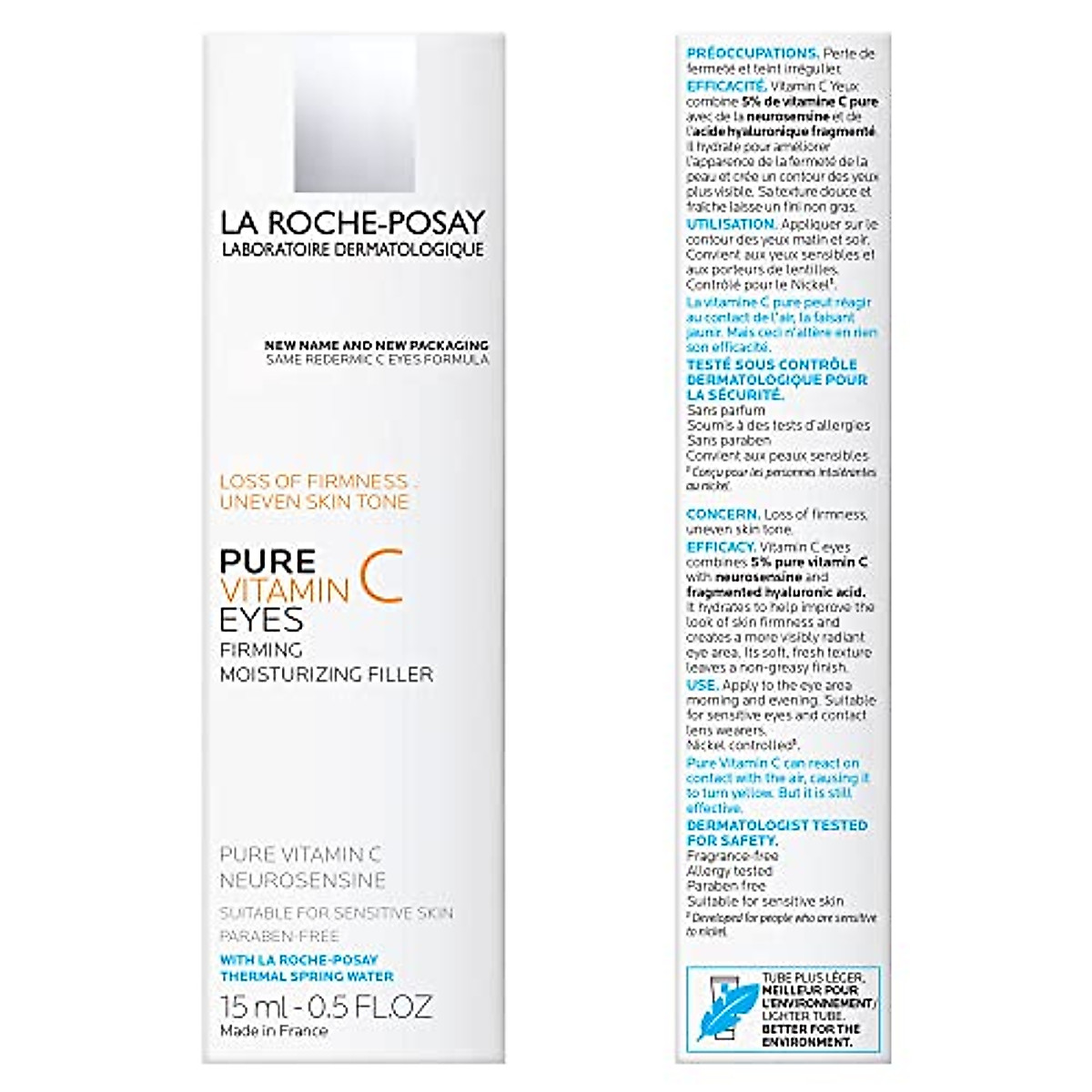 La Roche-Posay Redermic C Pure Vitamin C Eye Cream with Hyaluronic Acid to Reduce Wrinkles for Anti-Aging Effect, 0.5 Fl Oz (Pack of 1)