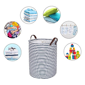 FRIENDIY Large Laundry Hamper, Removable Laundry Basket, foldable fabric laundry basket, drawstring waterproof round cotton linen storage basket. (Blue Strips, 17.7"/Medium)