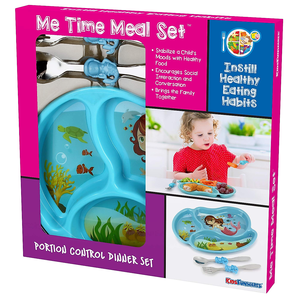 Kids Divided Plate with Utensils - Children's Meal Set with Plate, Fork and Spoon - Mermaid