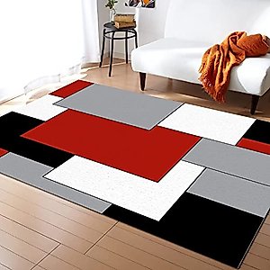 Red Black Geometric Area Rugs, Abstract Color Red Black Gray Indoor Non-Slip Kids Rug, Machine Washable Carpet, Breathable Durable Mat for Living Room Decor 4' x 5'