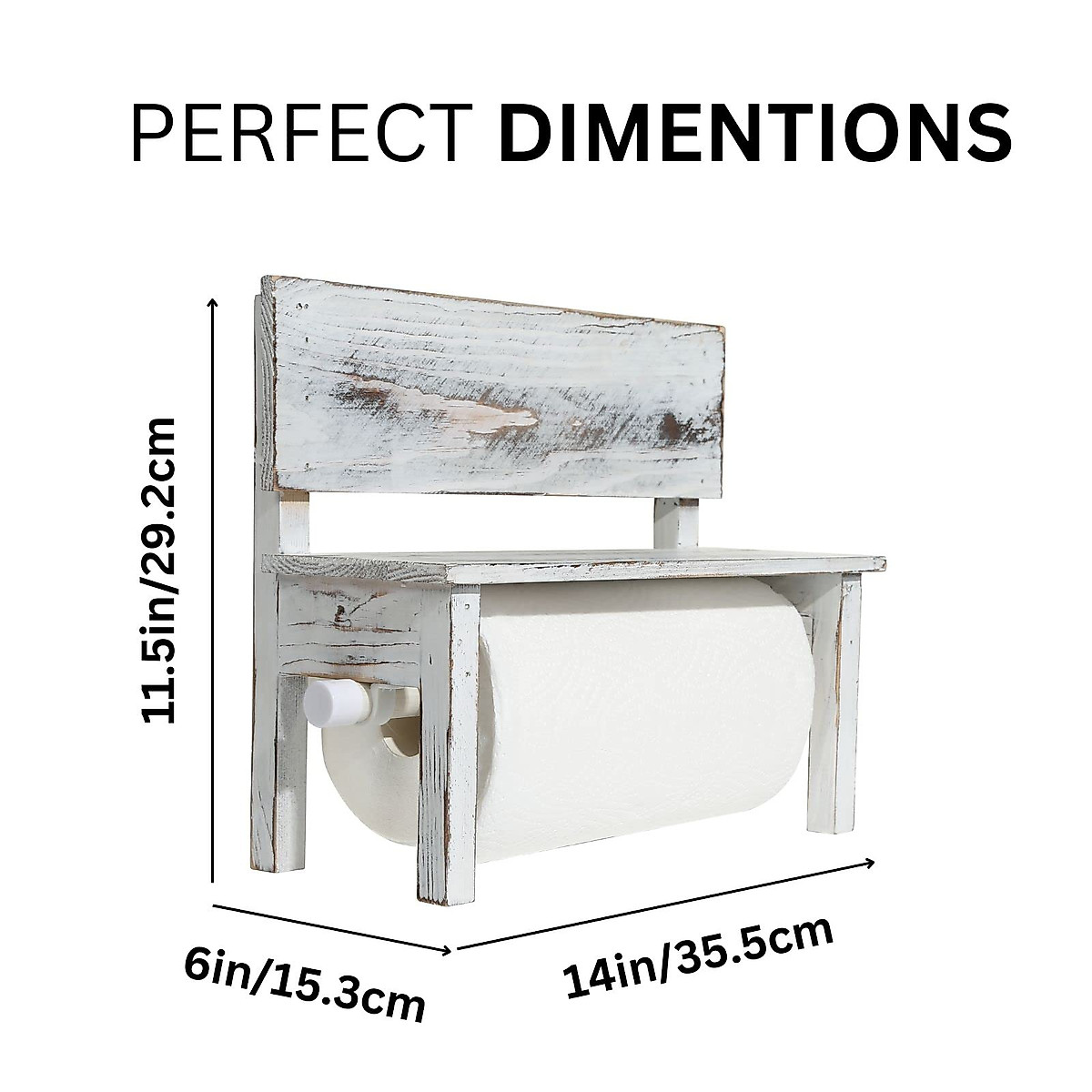 GoFika Farmhouse Paper Towel Holder for Kitchen Countertop with Shelf,Rustic Decorative Bench Paper Towel Dispenser,Standard Roll,Whitewashed Wood